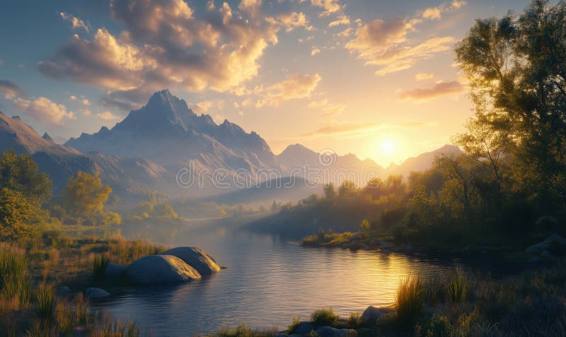 Breathtaking Mountain Landscape at Sunset with Serene Lake, Lush ...