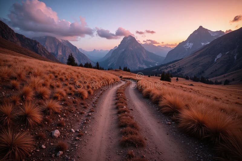 Breathtaking Mountain Landscape Sunset Winding Path Dry Grasses Stock ...