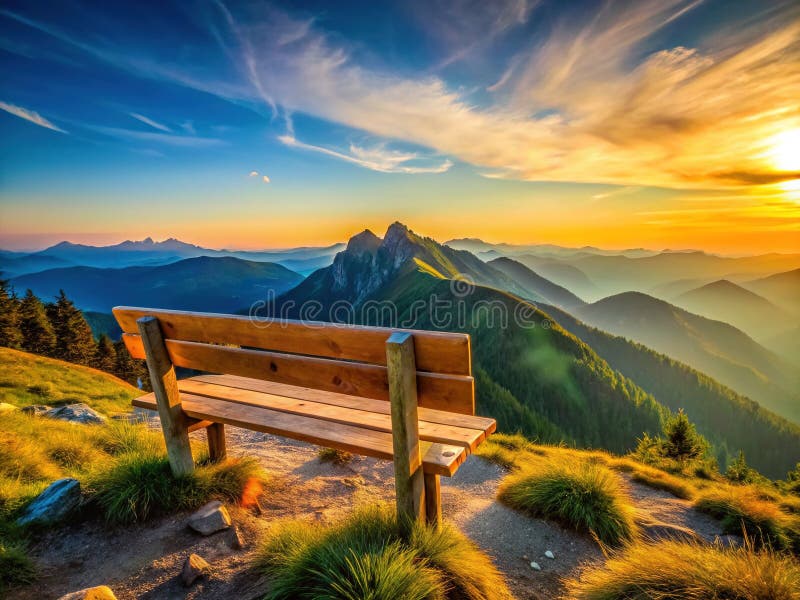 Breathtaking Mountain Peak Viewpoint Bench a Serene Alpine Scenic View ...