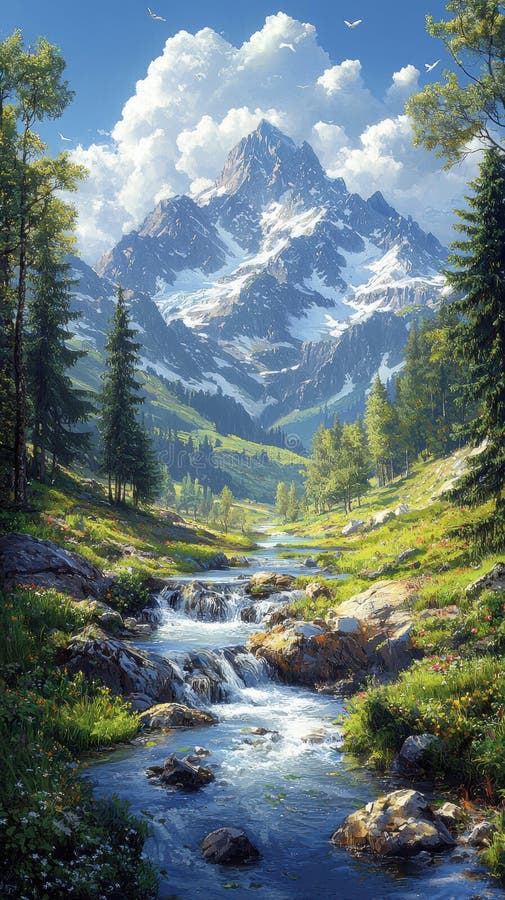 Breathtaking Mountain Range with Lush Greenery and Flowing Stream ...