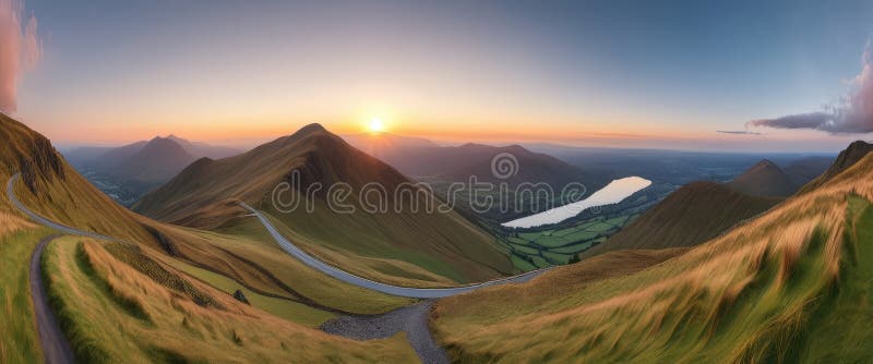 Breathtaking Mountain Sunset with Serene Lake and Rolling Hills Stock ...