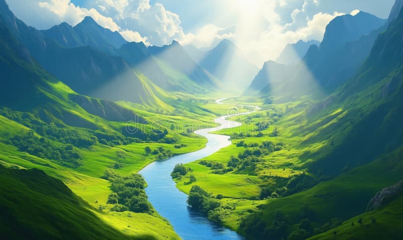 Breathtaking Mountain Valley Landscape with River and Sunlight Rays ...