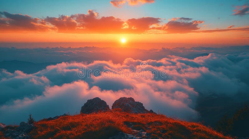 Breathtaking Mountain View at Sunrise with Vibrant Clouds and Rocks ...