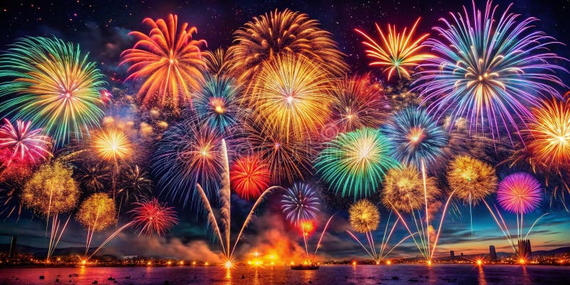 Breathtaking Night Sky Fireworks Spectacle a Deep Focus Detailed Stock ...