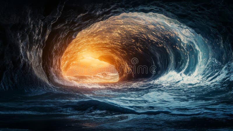 Breathtaking Ocean Wave at Sunset with Stunning Light Effects Stock ...