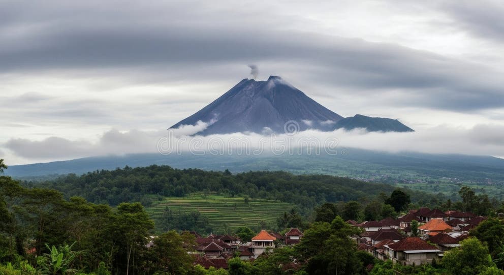 Active Mount Merapi Volcano Over a Javanese Village, Indonesia Stock ...