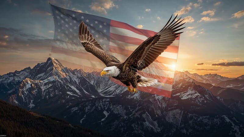 Majestic Bald Eagle Soaring Over Snow-Capped Mountains with American Flag at Sunset Stock ...