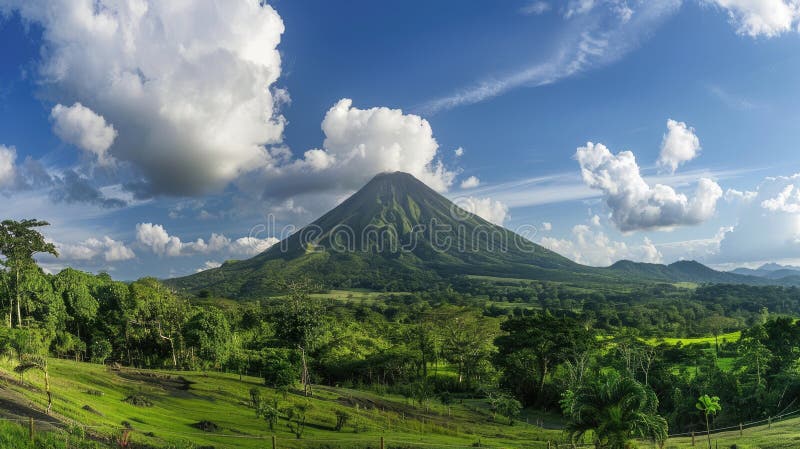 A Breathtaking Panoramic View of a Large, Green Volcano with a Fluffy ...