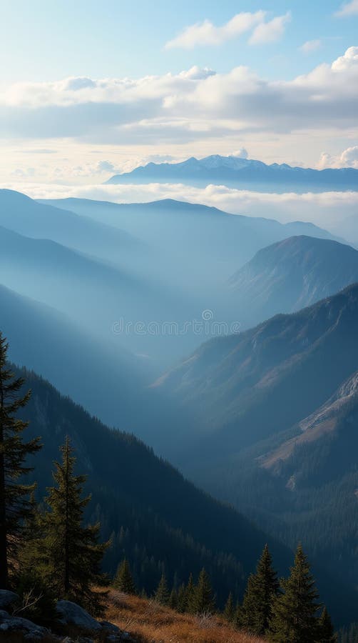 Breathtaking Panoramic View of a Mountain Range with Low-Lying Clouds ...