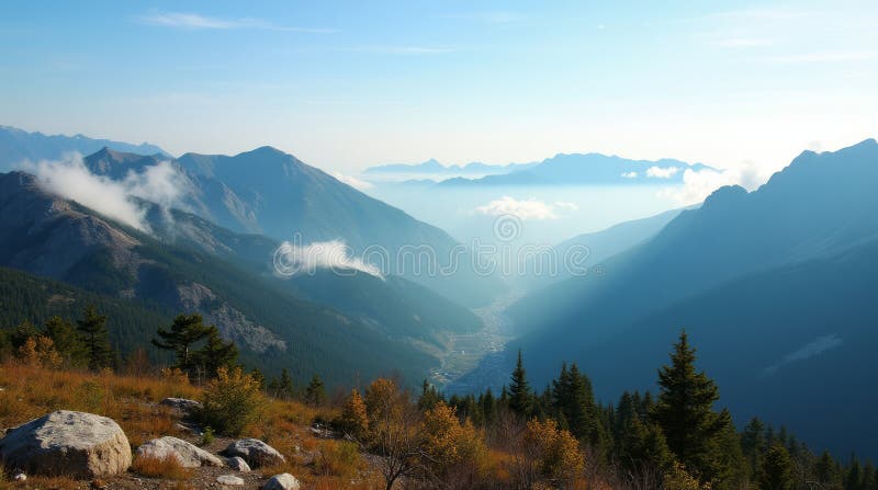 Breathtaking Panoramic View of a Mountain Range with Low-Lying Clouds ...