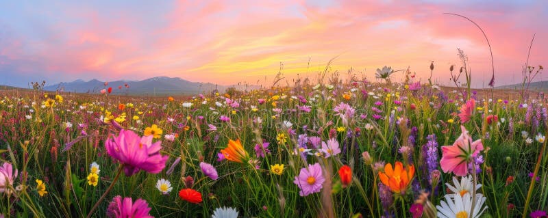 Breathtaking Panoramic View of a Vibrant Wildflower Meadow at Sunset ...