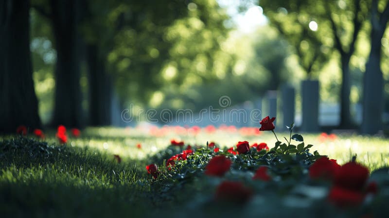 Pathway Adorned with Vibrant Roses Under a Tree Canopy during Golden ...