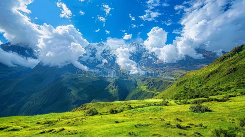 Breathtaking Peruvian Grassland with Distant Alps Under a Bright Blue ...