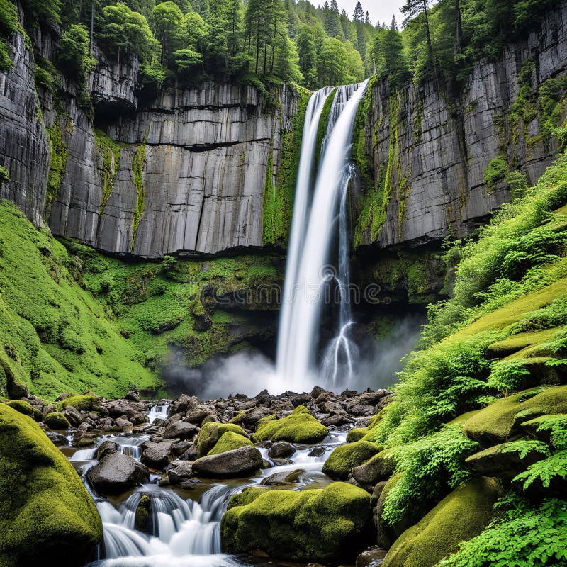 A Majestic Multi-Tiered Waterfall Cascading Over Moss-Covered Rocks ...