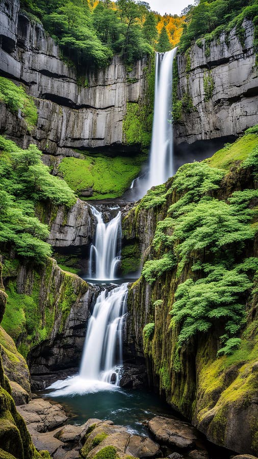 A Majestic Multi-Tiered Waterfall Cascading Over Moss-Covered Rocks ...
