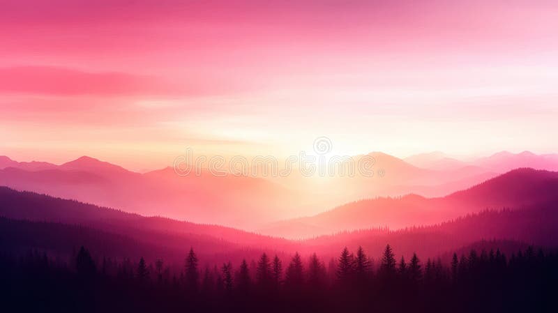 Breathtaking Pink Sunset Over Layered Mountains and Forest Silhouettes ...