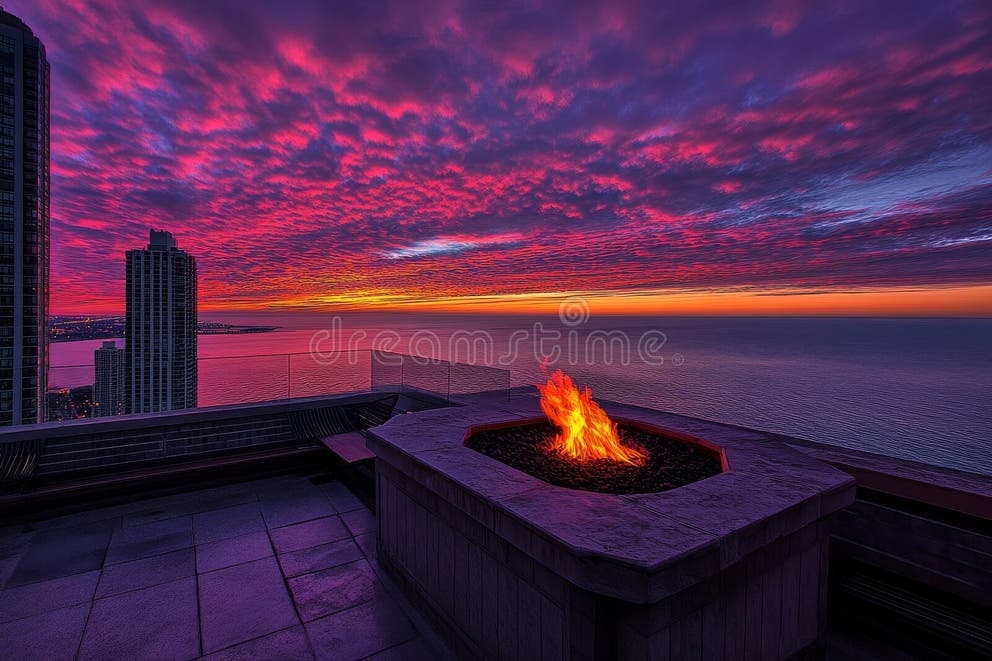 Breathtaking Rooftop View Featuring a Fire Pit and City Skyline at Dusk ...