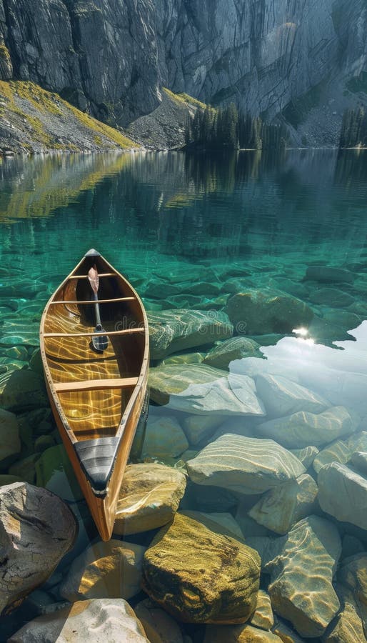 Breathtaking Scene of a Clear Canoe on a Serene Mountain Lake with ...
