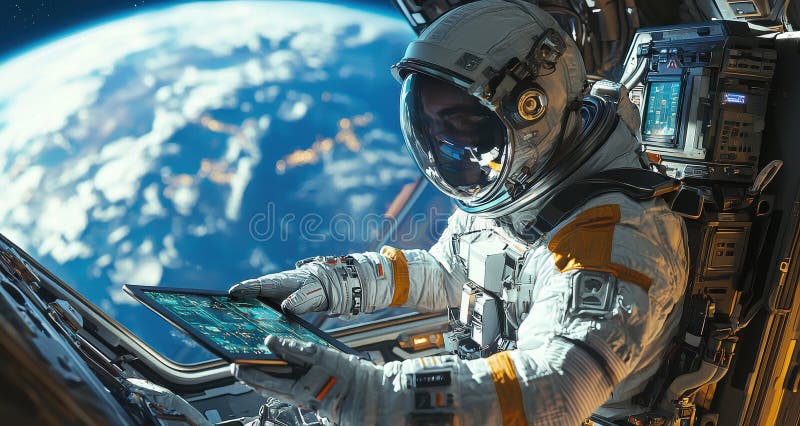 Cinematic Still of Astronaut Inside Spacecraft Using Tablet while ...