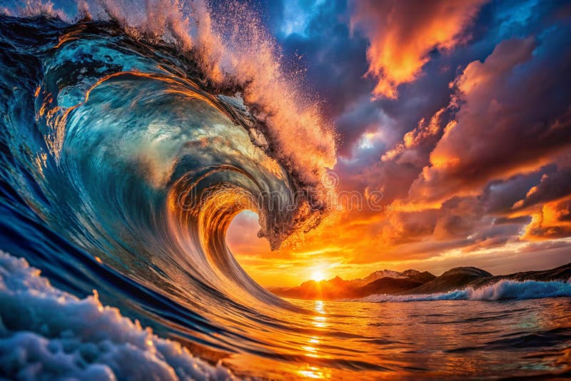 Breathtaking Scene of a Large Wave Breaking at Sunset Stock Photo ...