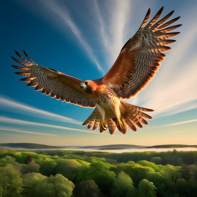 Skyward Majesty: a Red Goshawk Soaring Over Verdant Landscapes Stock ...