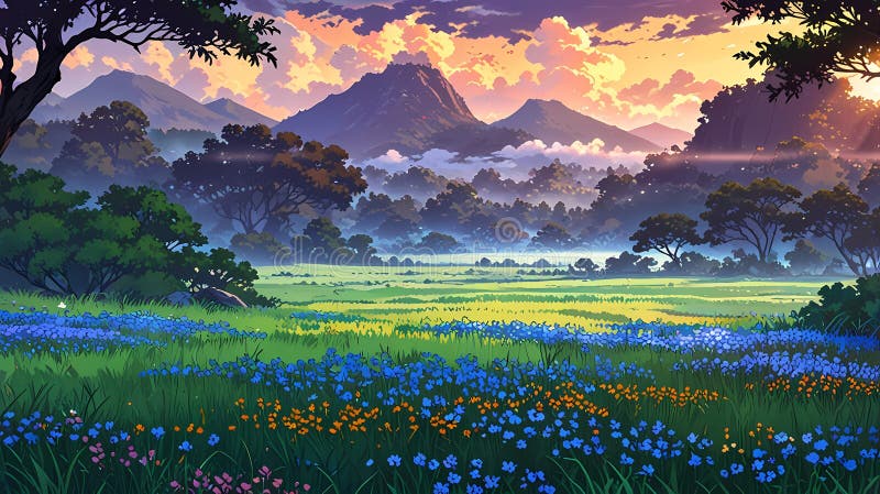 Countryside Meadow with Mountains and Wildflowers (Landscape) Stock ...