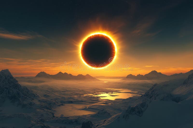 Breathtaking Scenery of a Total Solar Eclipse Over a Vast Snowy Mountain Range and Frozen Lakes ...