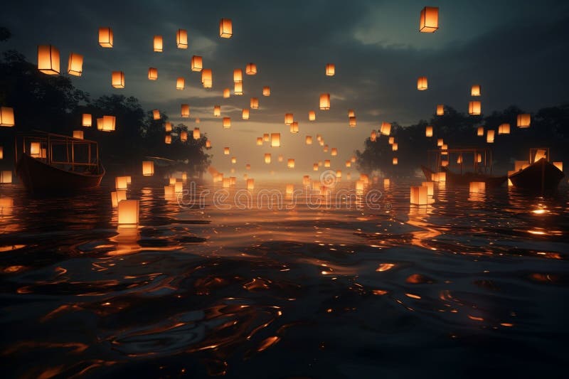 The Breathtaking Sight of Lanterns Floating on Stock Illustration ...