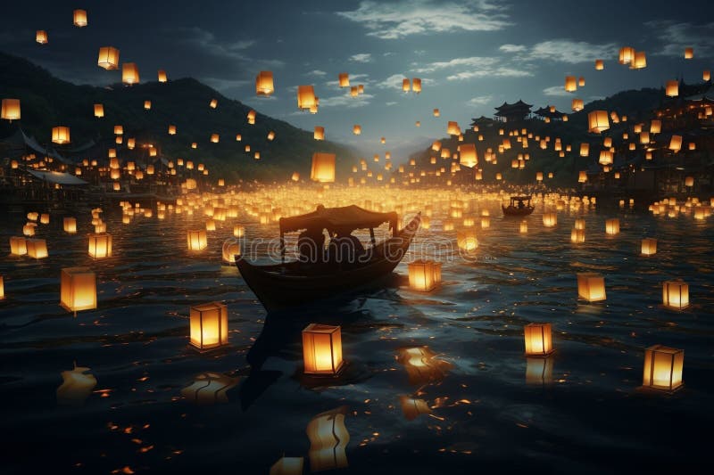 The Breathtaking Sight of Lanterns Floating on Stock Illustration ...
