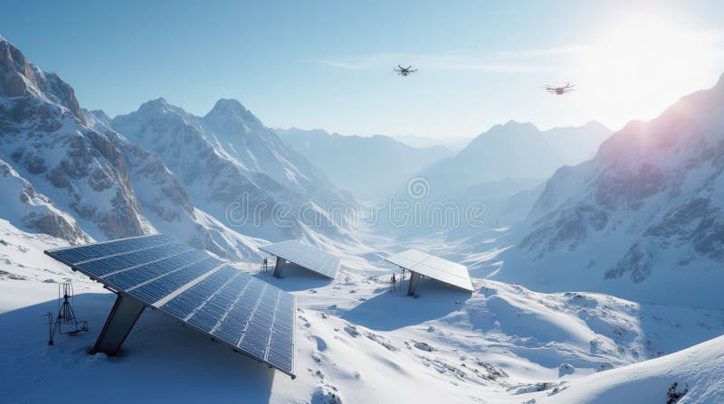 In a Breathtaking Snowy Mountain Valley, Drones Hover Above Solar ...