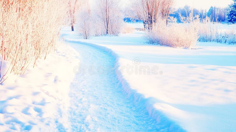 Breathtaking Snowy Path through Serene Winter Wonderland Snowy Stock Illustration - Illustration ...