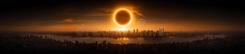 Dramatic Solar Eclipse Over Metropolitan Skyline at Dusk Stock ...
