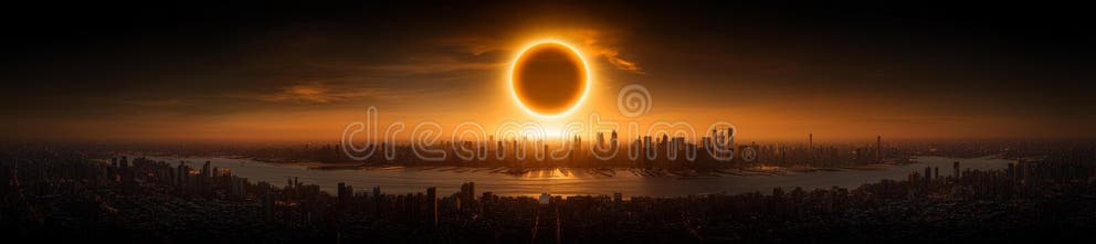 Dramatic Solar Eclipse Over Metropolitan Skyline at Dusk Stock ...