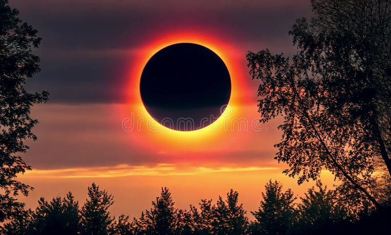 A Breathtaking Solar Eclipse with a Fiery, Sunset Sky and Silhouetted ...