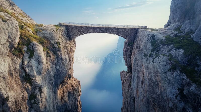 A Stunning Bridge Connecting Two Cliffs Above a Misty Valley in a ...