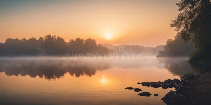 Breathtaking Sunrise Over a Calm Lake with Mist Rising. Stock Image ...