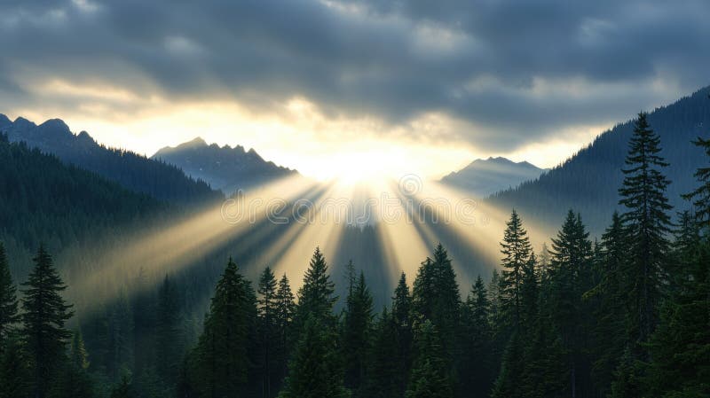 A Breathtaking Sunrise Over a Forested Mountain Range, with the Sun S ...