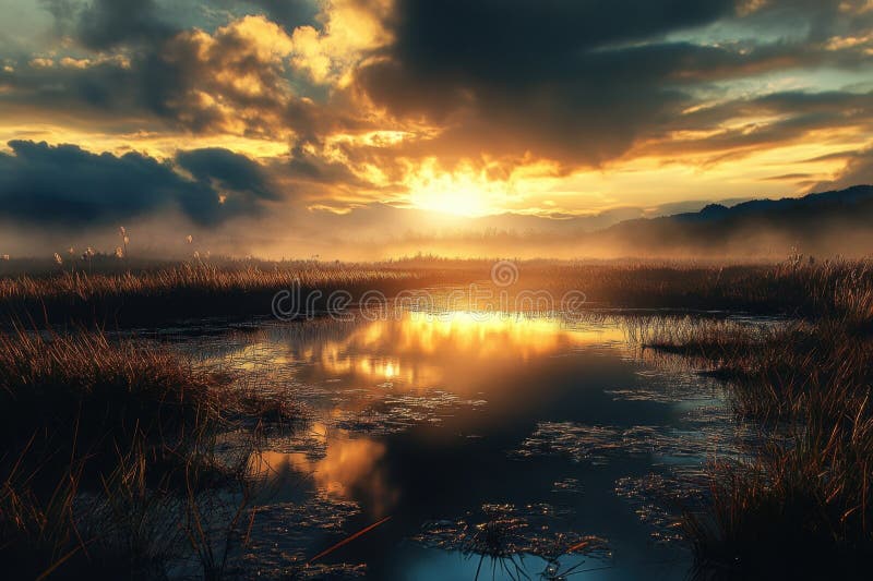 Stunning Sunset Over Tranquil Marshland with Reflective Water and ...