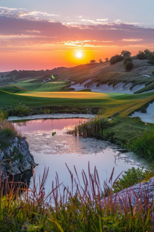 Breathtaking Sunset Over Golf Course with Rolling Hills, Water Features ...