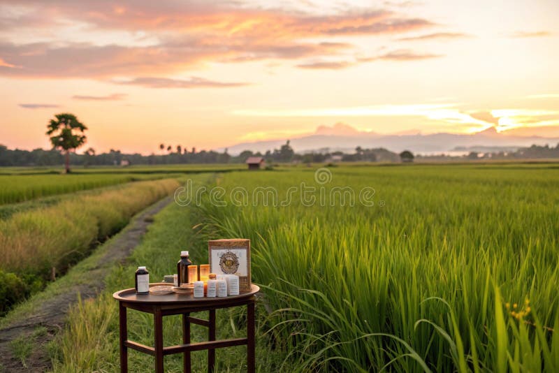 Sunset Over Rice Field with Product Display Space Stock Illustration ...