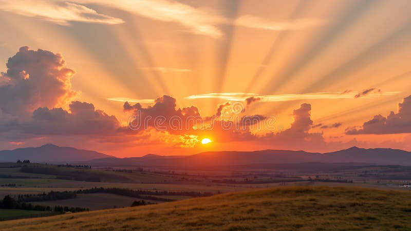 Stunning Sunset Over Rolling Hills Dramatic Clouds Sun Rays Stock ...