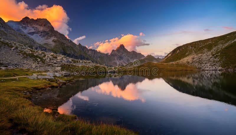 Breathtaking Sunset Reflections Over Tranquil Alpine Stock Photos ...