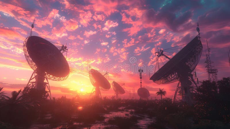 Breathtaking Sunset Scene with Seti Antenna Array Silhouetted Against a ...