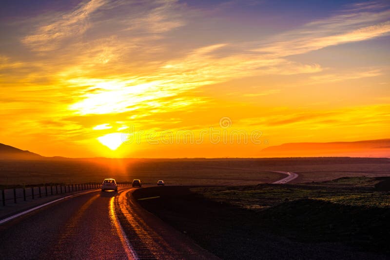 Breathtaking Sunset Scenery with the Golden Sky Over the Highway Stock ...