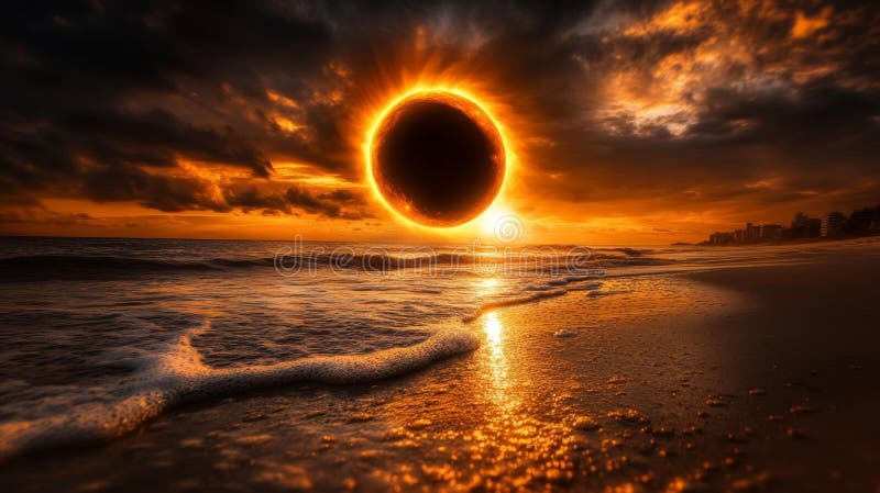 A Breathtaking Sunset with Solar Eclipse Over the Ocean Shore Stock ...