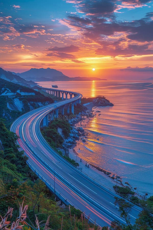 Breathtaking Sunset View of Highway Road and Bridge by the Sea Stock ...