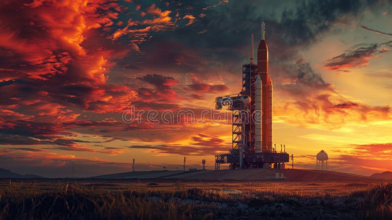 Breathtaking Sunset View of a Space Rocket on Launch Pad Surrounded by ...