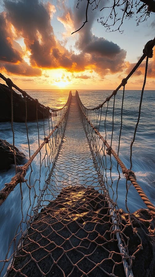 A Breathtaking Sunset View from a Suspended Rope Bridge Over the Ocean ...