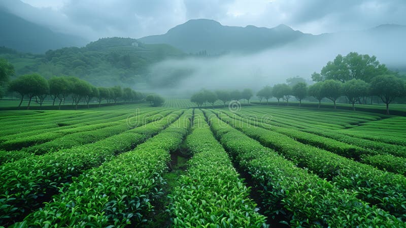 Breathtaking Tea Plantation Overlooking Mountains with Lush Greenery ...
