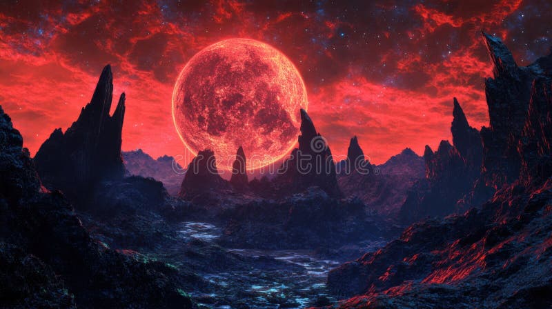 Stunning Landscape at Dusk with a Massive Red Moon Over Jagged ...